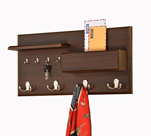 Entryway Coat Rack Mail Envelope Storage and Key Holder Hooks in Cappuccino Finish