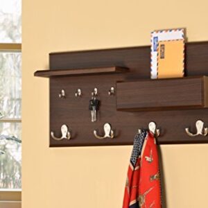 Entryway Coat Rack Mail Envelope Storage and Key Holder Hooks in Cappuccino Finish