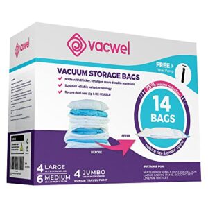 vacwel 14-pack variety - ziplock vacuum storage bags for clothes - space saver bags for packing clothes - vacuum space bags – 4xjumbo (43x30in) +4xlarge (32x21in) +6xmedium (28x20in) +bonus hand pump