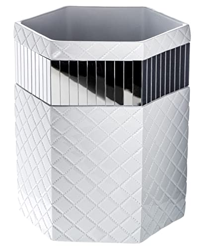 Creative Scents White Bathroom Trash Can – Decorative Mirrored Waste Basket for Bathroom - Space Friendly Wastebasket Rubbish Bin for Elegant Bathroom Decor (Quilted Mirror Collection)