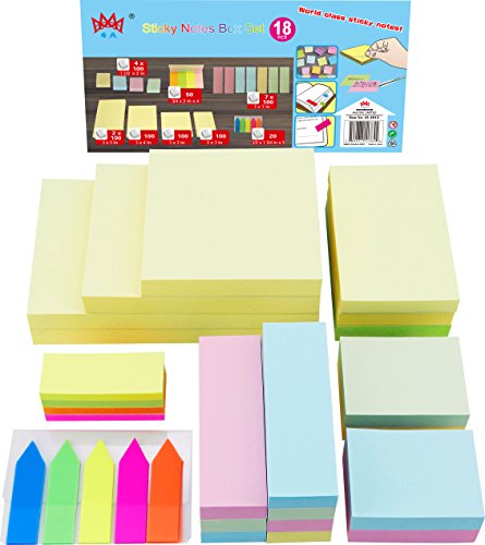 4A Sticky Notes Value Pack,Assorted The Most Commonly Used Sizes In One PP Box,Self-Stick Notes,18 Pads/Box,1900 Sheets Total,4A 4012