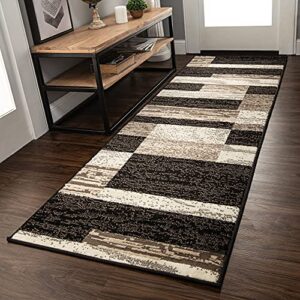 superior indoor runner rug, jute backed, modern geometric patchwork floor decor for bedroom, office, living room, entryway, hardwood floors, rockwood collection - 2ft7in x 8ft, chocolate