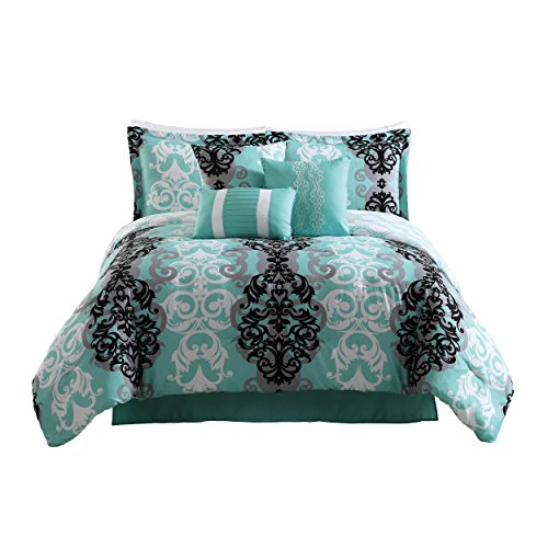 Carmela Home – Comforter Set, Downton, Full/Queen, 7-Piece Set Includes 1 Comforter, 1 Sham, 4 Pillows, & 1 Bed Skirt, 100% Polyester, Reversible & Lightweight, Contemporary Turquoise, Aqua