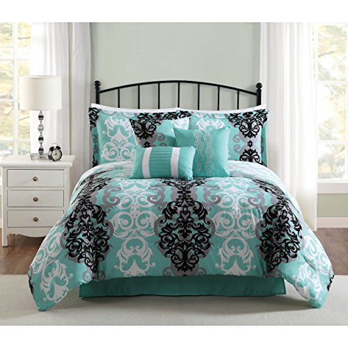 Carmela Home – Comforter Set, Downton, Full/Queen, 7-Piece Set Includes 1 Comforter, 1 Sham, 4 Pillows, & 1 Bed Skirt, 100% Polyester, Reversible & Lightweight, Contemporary Turquoise, Aqua