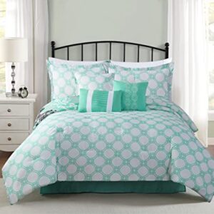 Carmela Home – Comforter Set, Downton, Full/Queen, 7-Piece Set Includes 1 Comforter, 1 Sham, 4 Pillows, & 1 Bed Skirt, 100% Polyester, Reversible & Lightweight, Contemporary Turquoise, Aqua