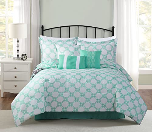 Carmela Home – Comforter Set, Downton, Full/Queen, 7-Piece Set Includes 1 Comforter, 1 Sham, 4 Pillows, & 1 Bed Skirt, 100% Polyester, Reversible & Lightweight, Contemporary Turquoise, Aqua