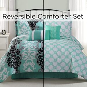 Carmela Home – Comforter Set, Downton, Full/Queen, 7-Piece Set Includes 1 Comforter, 1 Sham, 4 Pillows, & 1 Bed Skirt, 100% Polyester, Reversible & Lightweight, Contemporary Turquoise, Aqua