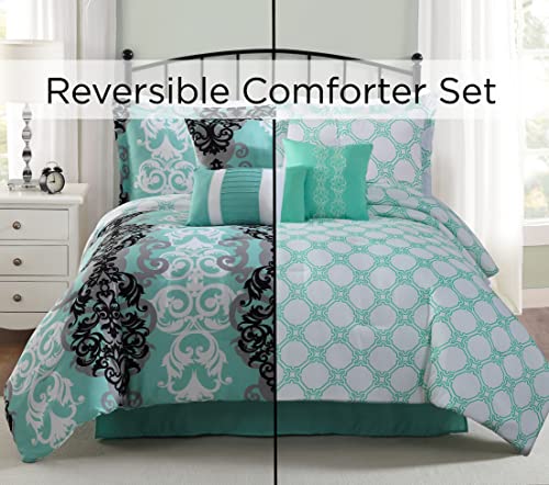 Carmela Home – Comforter Set, Downton, Full/Queen, 7-Piece Set Includes 1 Comforter, 1 Sham, 4 Pillows, & 1 Bed Skirt, 100% Polyester, Reversible & Lightweight, Contemporary Turquoise, Aqua