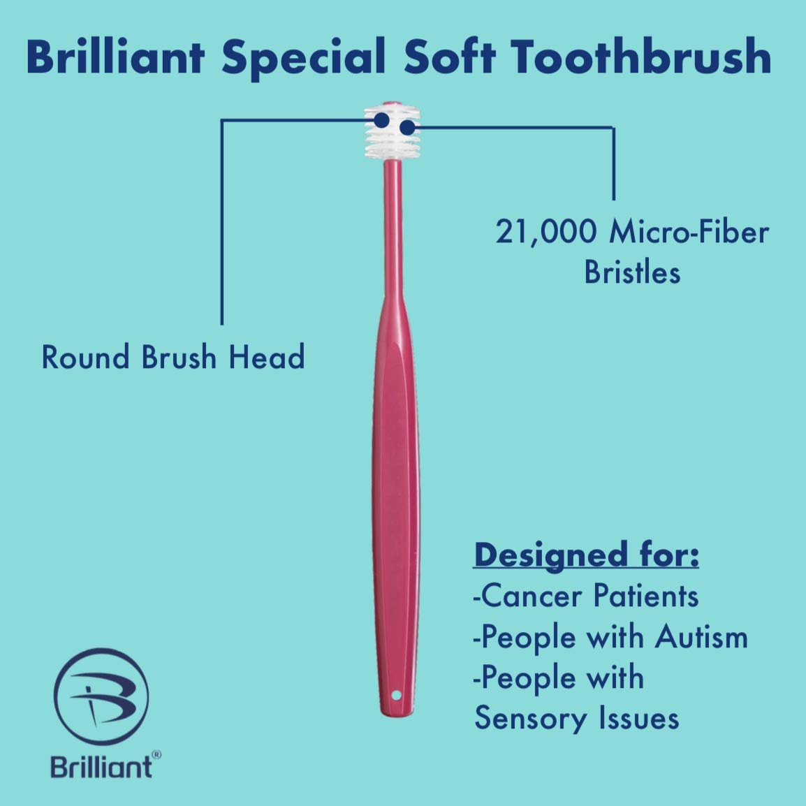 Brilliant Special Soft Toothbrush- For Cancer and Chemo Patients with Compromised Oral Health, Sensory Processing Disorder, Autism, and Other Special Oral Care Needs, Round Brush Head, Raspberry, 1 Ct