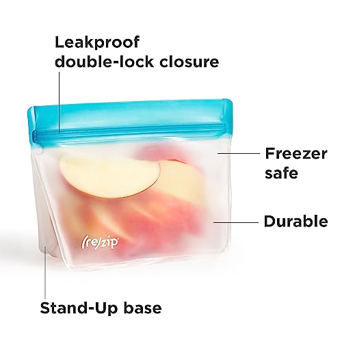 rezip 8-Piece Deluxe Bundle Reusable Storage Bags | BPA-Free, Food Grade, Leakproof, Freezer and Dishwasher Safe | 2 Mini Stand-up, 2 Stand-up Snack (1-cup), 2 Flat Snack, 2 Flat Lunch Bags (Green, Aqua)