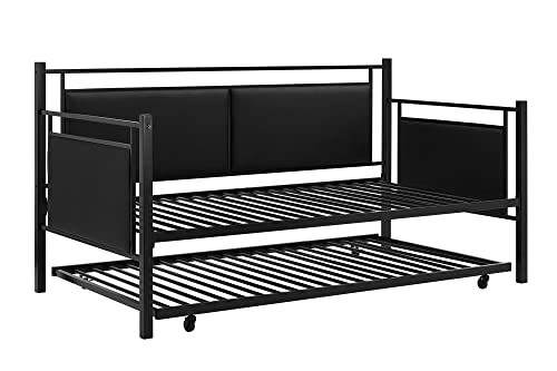 DHP Astoria Metal and Upholstered Daybed/Sofa Bed with Included Trundle, Twin Size Frame, Black