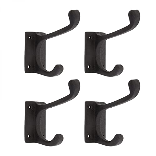 Renovator's Supply Black Wrought Iron Double Coat Robe Hooks 4 Inches Long Rustic Entry Way Hat or Jacket Hanger Wall Mount Including Complete Mounting Hardware Pack of 4