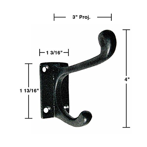 Renovator's Supply Black Wrought Iron Double Coat Robe Hooks 4 Inches Long Rustic Entry Way Hat or Jacket Hanger Wall Mount Including Complete Mounting Hardware Pack of 4