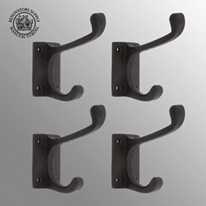 Renovator's Supply Black Wrought Iron Double Coat Robe Hooks 4 Inches Long Rustic Entry Way Hat or Jacket Hanger Wall Mount Including Complete Mounting Hardware Pack of 4