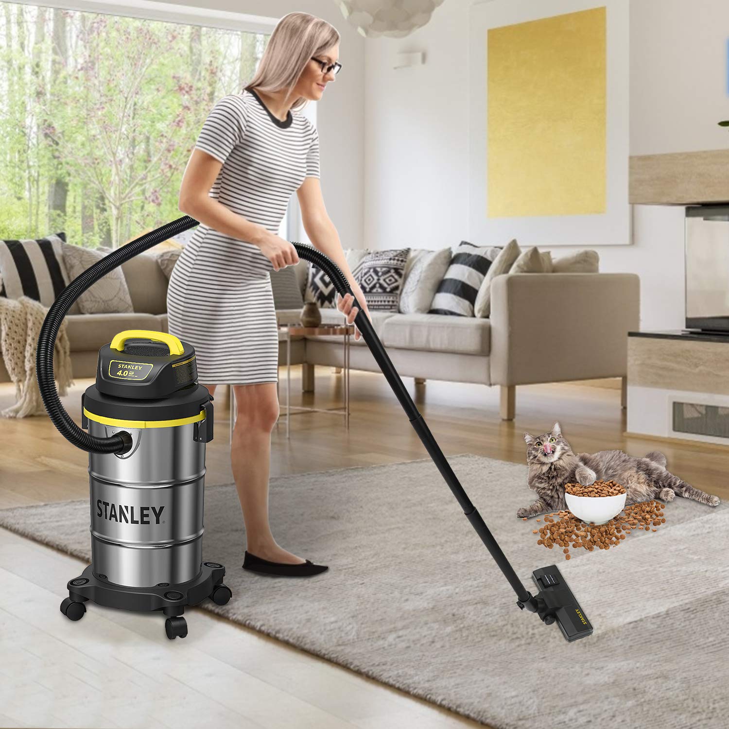 Stanley Wet/Dry Vacuum, 5 Gallon, 4 Horsepower, Stainless Steel Tank - Silver+yellow+black - SL18130