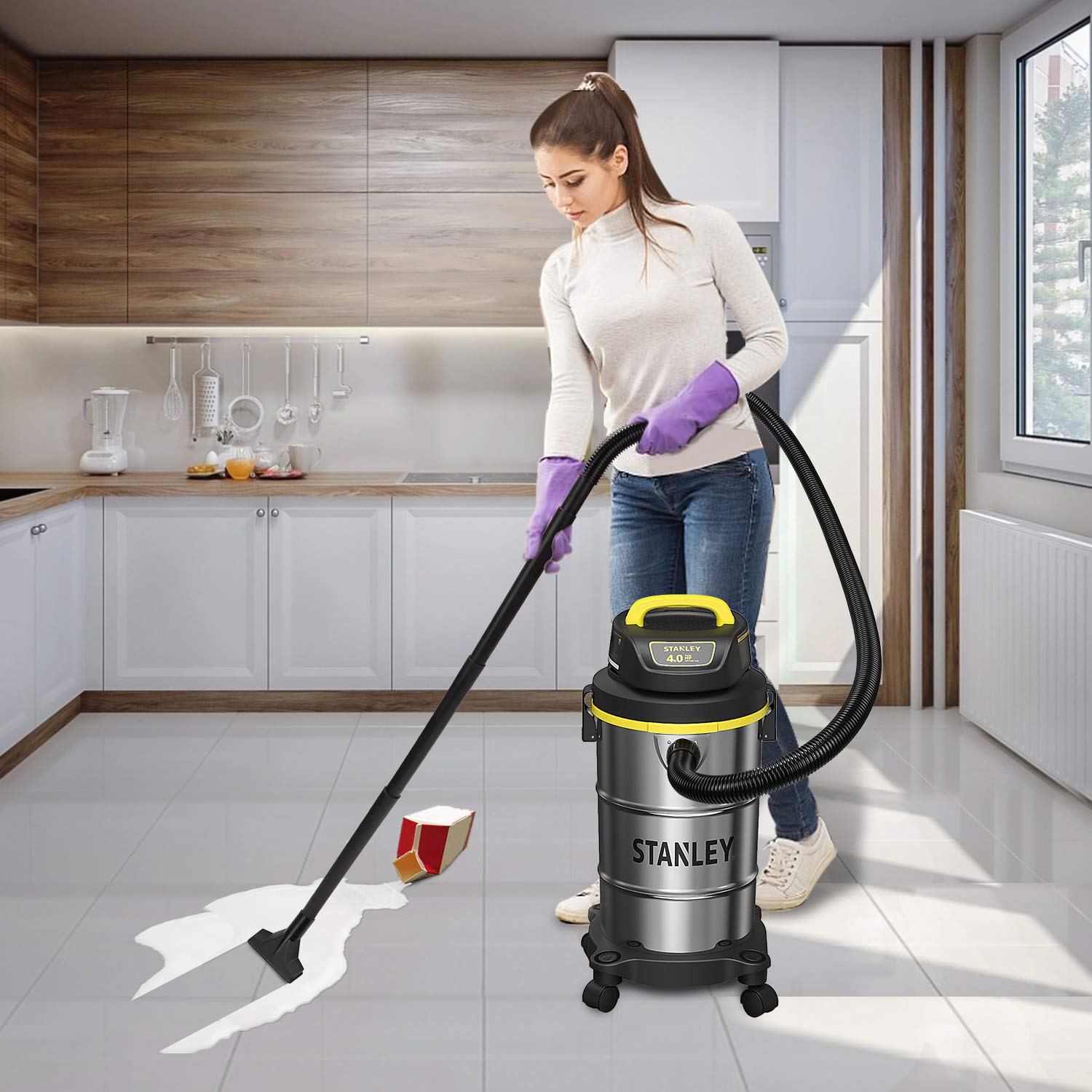 Stanley Wet/Dry Vacuum, 5 Gallon, 4 Horsepower, Stainless Steel Tank - Silver+yellow+black - SL18130