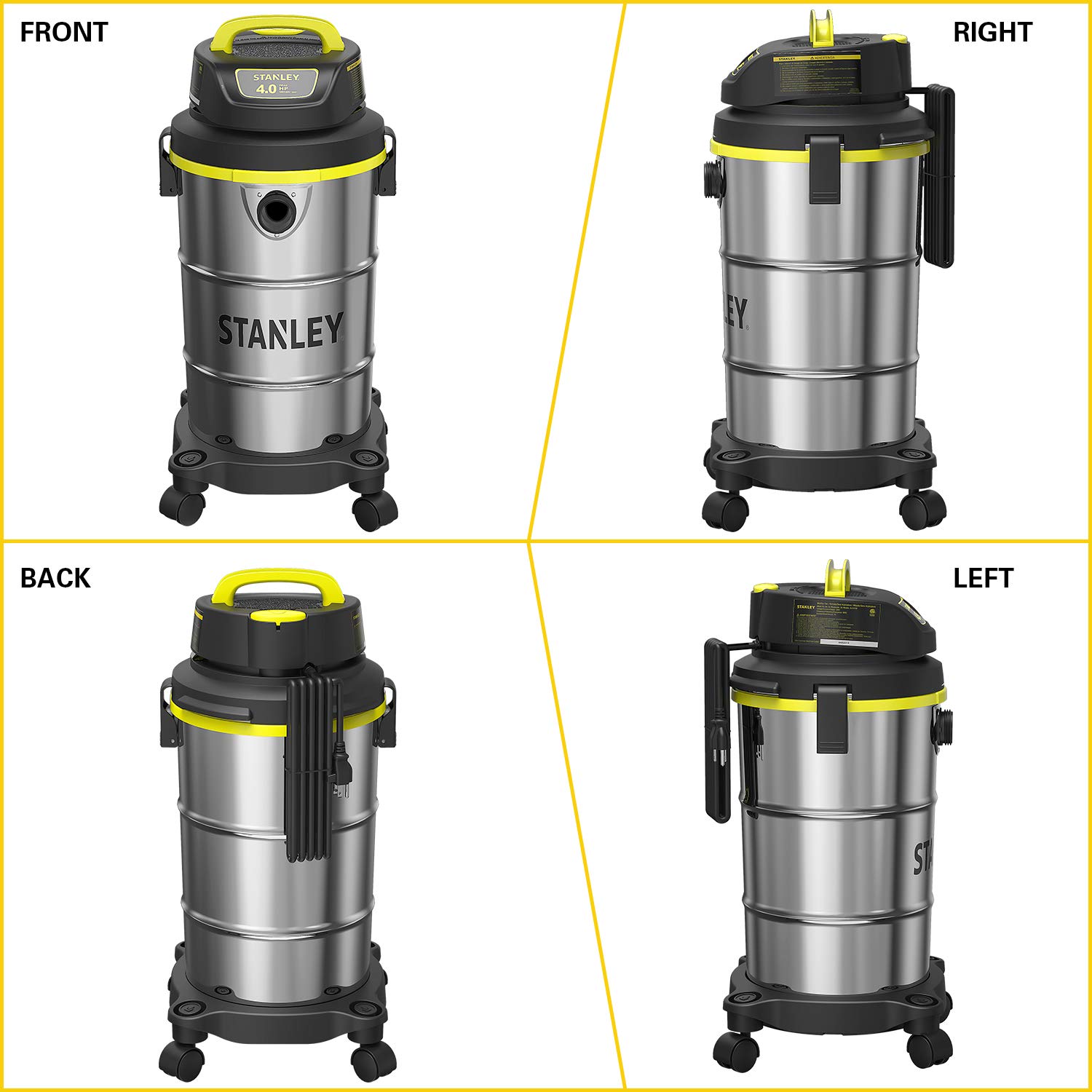 Stanley Wet/Dry Vacuum, 5 Gallon, 4 Horsepower, Stainless Steel Tank - Silver+yellow+black - SL18130