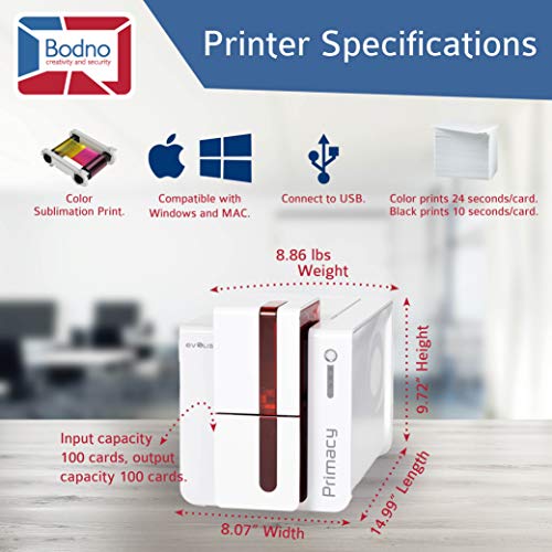 Bodno Evolis Primacy Dual Sided ID Card Printer & Complete Supplies Package Bronze Edition ID Software