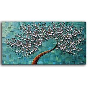 yasheng art - 100% hand painted oil painting on canvas texture palette knife silver flowers paintings modern home decor wall art painting 3d abstract artwork paintings (20x40inch)