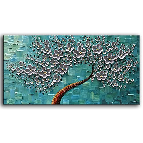 YaSheng Art - 100% hand painted Oil Painting On Canvas Texture Palette Knife silver Flowers Paintings Modern Home Decor Wall Art Painting 3D Abstract Artwork Paintings (20x40inch)