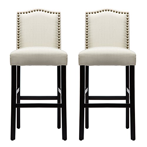 NOBPEINT Nail Head Studded Fabric Backed Bar Stools 29 inch Set of 2, Beige