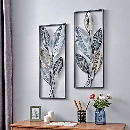 FirsTime & Co. Silver Metallic Leaves Wall Decor 2-Piece Set for Living Room, Bedroom, Home Office, Metal Art, Farmhouse and Boho, 35.5 x 28 inches