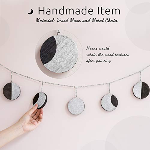 Mkono Moon Phase Wall Hanging Boho Home Decor Metal Garland with Wooden Moons Art Chic Gift Window Dorm Nursery Bedroom Living Room Apartment Office Decorative Ornaments, Silver