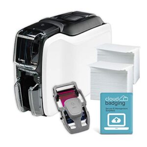 zebra zc100 lt id card printer - complete supplies package with cloudbadging software, blank cards, and ribbon