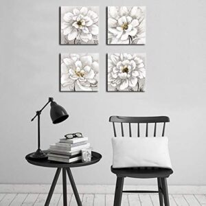 Flowers Wall Art Bathroom Wall Decor Abstract Botanical Picture Contemporary Wall Art Prints Bedroom Living Room Kitchen Office Home Decor Modern White Flower Canvas Artwork 12" x 12" x 4 Pieces