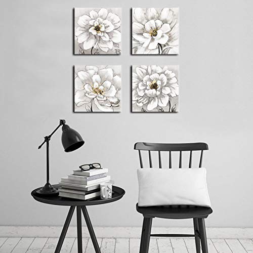 Flowers Wall Art Bathroom Wall Decor Abstract Botanical Picture Contemporary Wall Art Prints Bedroom Living Room Kitchen Office Home Decor Modern White Flower Canvas Artwork 12" x 12" x 4 Pieces