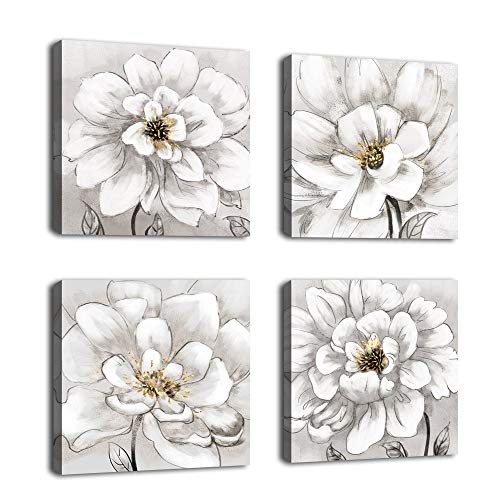 Flowers Wall Art Bathroom Wall Decor Abstract Botanical Picture Contemporary Wall Art Prints Bedroom Living Room Kitchen Office Home Decor Modern White Flower Canvas Artwork 12" x 12" x 4 Pieces