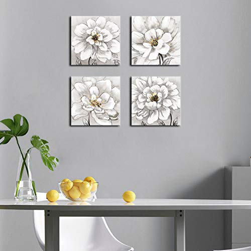 Flowers Wall Art Bathroom Wall Decor Abstract Botanical Picture Contemporary Wall Art Prints Bedroom Living Room Kitchen Office Home Decor Modern White Flower Canvas Artwork 12" x 12" x 4 Pieces