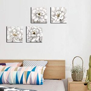 Flowers Wall Art Bathroom Wall Decor Abstract Botanical Picture Contemporary Wall Art Prints Bedroom Living Room Kitchen Office Home Decor Modern White Flower Canvas Artwork 12" x 12" x 4 Pieces