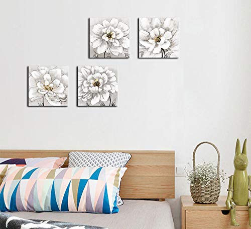 Flowers Wall Art Bathroom Wall Decor Abstract Botanical Picture Contemporary Wall Art Prints Bedroom Living Room Kitchen Office Home Decor Modern White Flower Canvas Artwork 12" x 12" x 4 Pieces