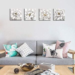 Flowers Wall Art Bathroom Wall Decor Abstract Botanical Picture Contemporary Wall Art Prints Bedroom Living Room Kitchen Office Home Decor Modern White Flower Canvas Artwork 12" x 12" x 4 Pieces