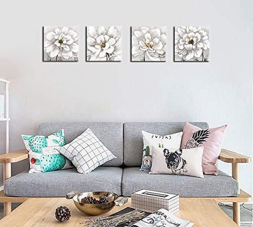 Flowers Wall Art Bathroom Wall Decor Abstract Botanical Picture Contemporary Wall Art Prints Bedroom Living Room Kitchen Office Home Decor Modern White Flower Canvas Artwork 12" x 12" x 4 Pieces