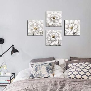 Flowers Wall Art Bathroom Wall Decor Abstract Botanical Picture Contemporary Wall Art Prints Bedroom Living Room Kitchen Office Home Decor Modern White Flower Canvas Artwork 12" x 12" x 4 Pieces