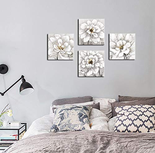 Flowers Wall Art Bathroom Wall Decor Abstract Botanical Picture Contemporary Wall Art Prints Bedroom Living Room Kitchen Office Home Decor Modern White Flower Canvas Artwork 12" x 12" x 4 Pieces