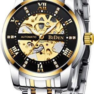 BIDEN Mens Watches Gold Mechanical Automatic Self-Winding Stainless Steel Skeleton Luxury Waterproof Diamond Dial Wrist Watches for Men