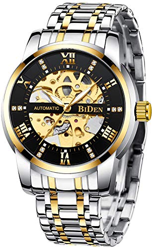 BIDEN Mens Watches Gold Mechanical Automatic Self-Winding Stainless Steel Skeleton Luxury Waterproof Diamond Dial Wrist Watches for Men