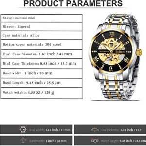 BIDEN Mens Watches Gold Mechanical Automatic Self-Winding Stainless Steel Skeleton Luxury Waterproof Diamond Dial Wrist Watches for Men