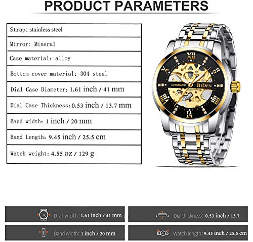 BIDEN Mens Watches Gold Mechanical Automatic Self-Winding Stainless Steel Skeleton Luxury Waterproof Diamond Dial Wrist Watches for Men