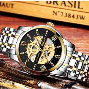 BIDEN Mens Watches Gold Mechanical Automatic Self-Winding Stainless Steel Skeleton Luxury Waterproof Diamond Dial Wrist Watches for Men