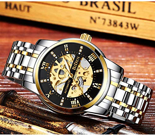 BIDEN Mens Watches Gold Mechanical Automatic Self-Winding Stainless Steel Skeleton Luxury Waterproof Diamond Dial Wrist Watches for Men