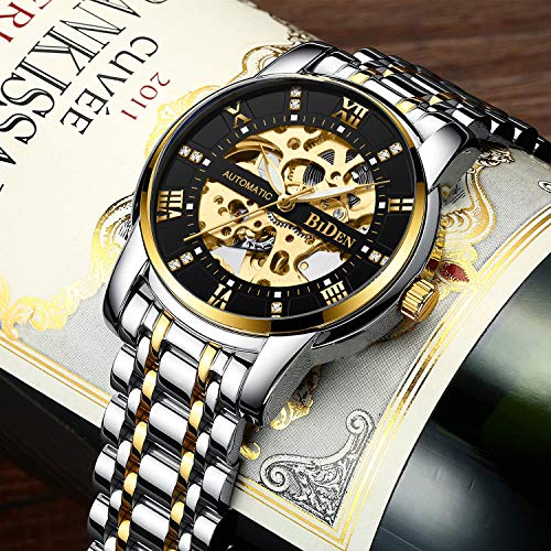 BIDEN Mens Watches Gold Mechanical Automatic Self-Winding Stainless Steel Skeleton Luxury Waterproof Diamond Dial Wrist Watches for Men