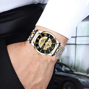 BIDEN Mens Watches Gold Mechanical Automatic Self-Winding Stainless Steel Skeleton Luxury Waterproof Diamond Dial Wrist Watches for Men