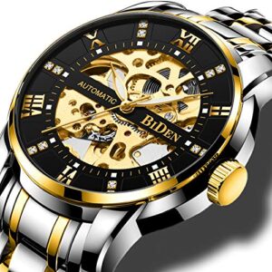 BIDEN Mens Watches Gold Mechanical Automatic Self-Winding Stainless Steel Skeleton Luxury Waterproof Diamond Dial Wrist Watches for Men