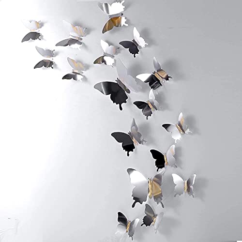 48 Pieces Butterfly Wall Decor DIY Mirror 3D Butterfly Stickers Removable Butterfly Decals for Home Nursery Classroom Kids Bedroom Bathroom Living Room Decor (Silver)