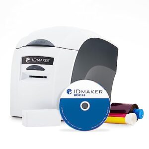 id maker card printer machine & supply kit for badge printing - print professional quality 1 sided identification badges - idmaker software, premium camera, 100-print color ribbon, 100 blank pvc cards