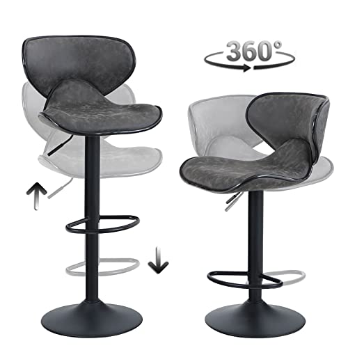 Sophia & William Bar Stools Set of 2, Adjustable Height Swivel Tall Kitchen Island Barstools,Modern PU Leather Counter Height Bar Stools with Back,Upholstered Bar Chairs,350lbs,Grey